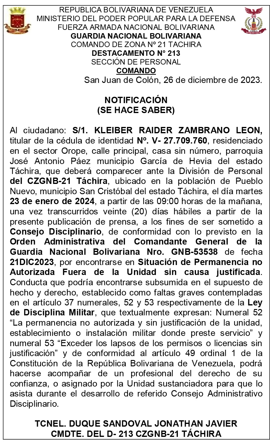 NOTIFICACION S/1 KLEIBER RAIDER ZAMBRANO LEON – Diario La Nación